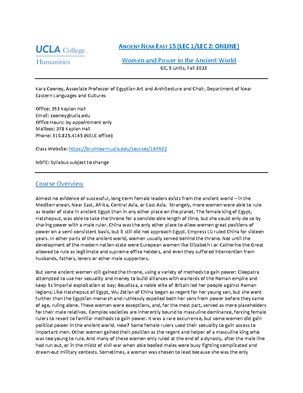 Women and Power in the Ancient World Fall 2023 Syllabus - A NCIENT N EAR E AST 15 (LEC 1 /LEC 2 ...