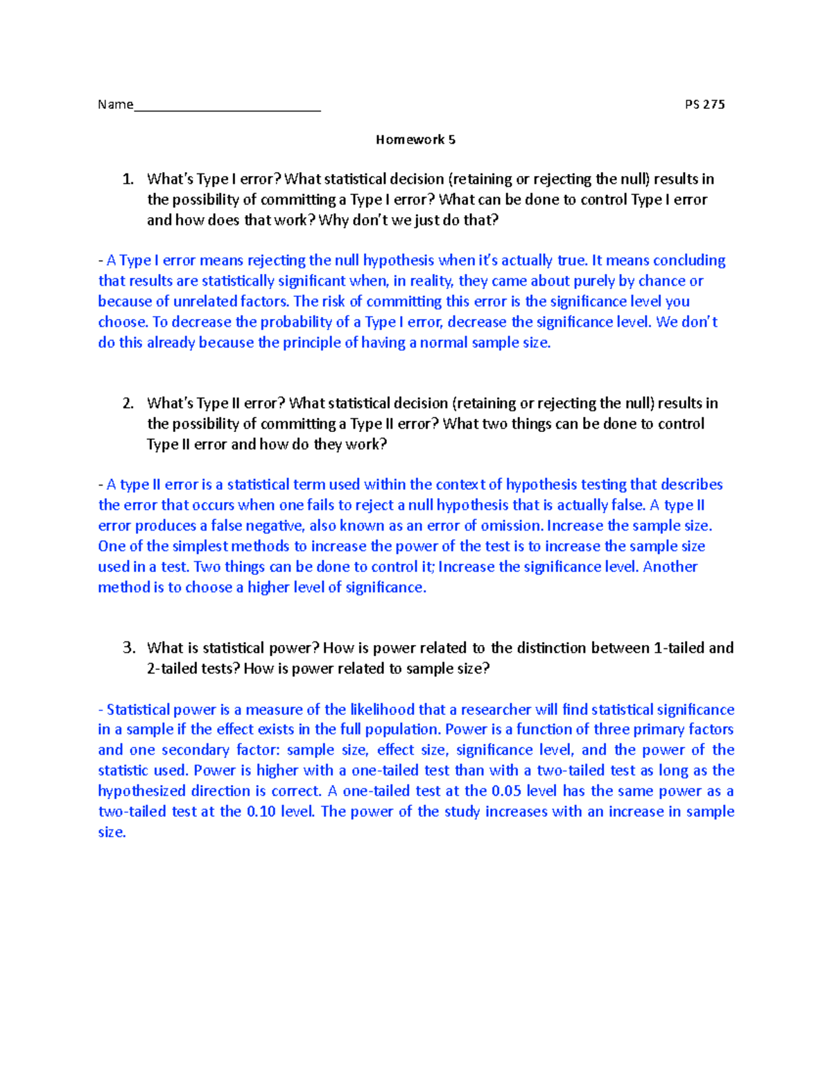 Homework 5 - course work - Name_________________________ PS 275 Homework 5 What’s Type I error ...