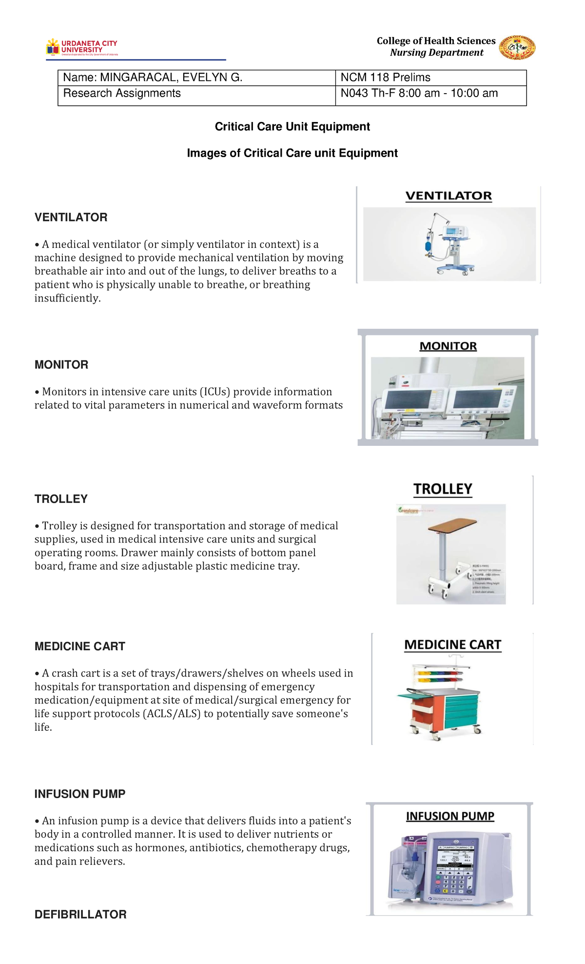 Critical Care Unit Set Up - Nursing Department Name: MINGARACAL, EVELYN ...