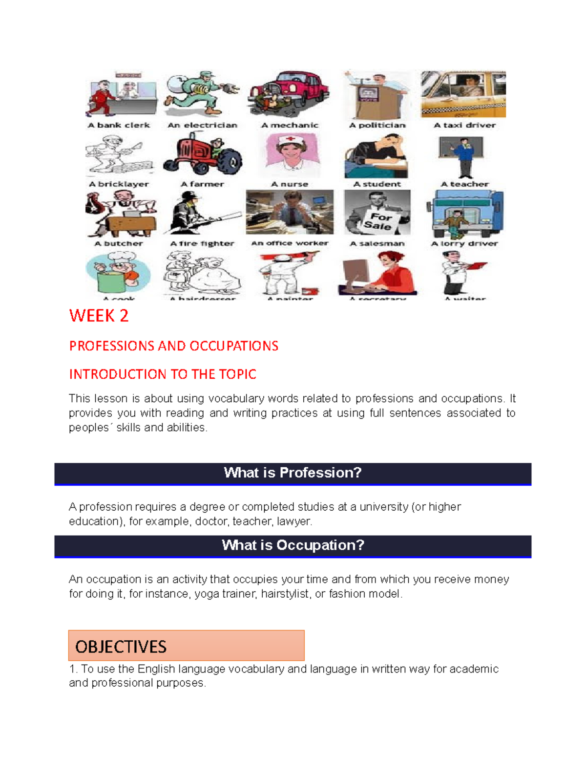 WEEK 2 Lesson Porfessions AND Occupations - WEEK 2 PROFESSIONS AND ...