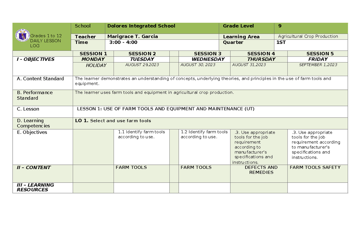 Agricrop DLL - module - Grades 1 to 12 DAILY LESSON LOG School Dolores ...