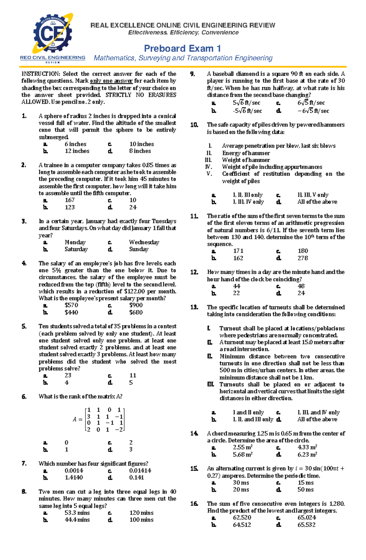 Pdfcoffee - Effectiveness. Efficiency. Convenience Preboard Exam 1 Mathematics, Surveying and ...
