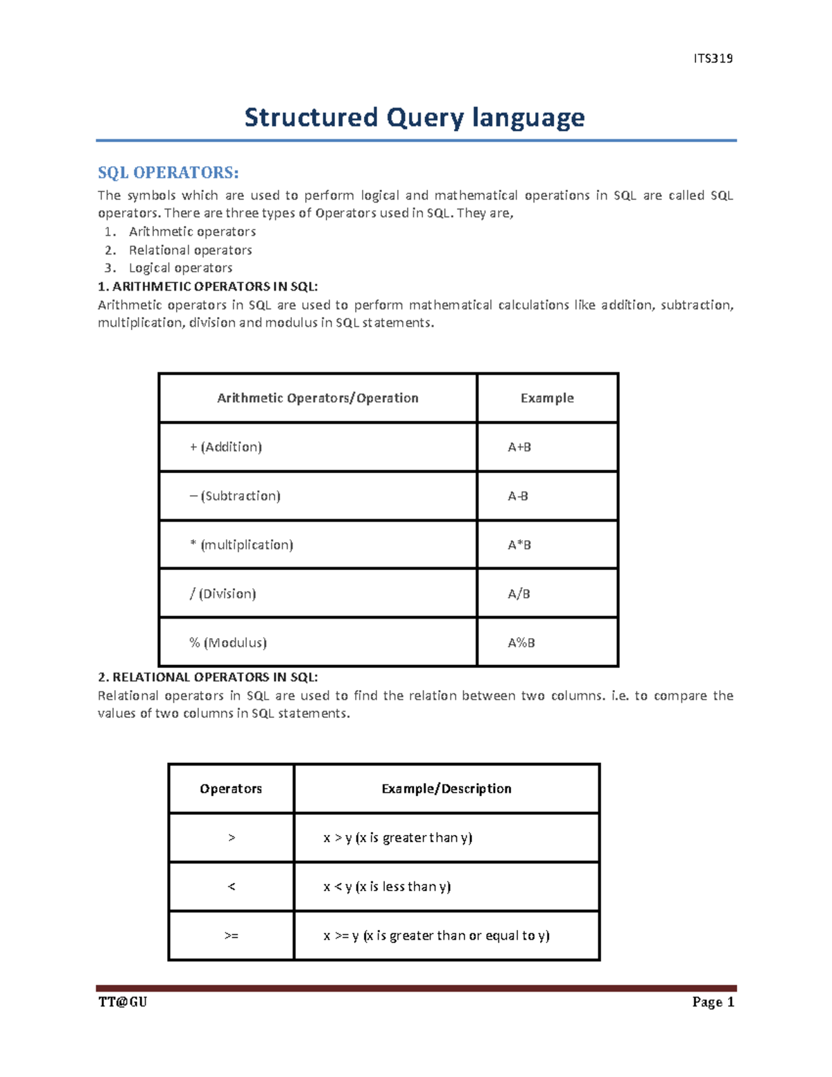 ITS319 Week3 - lecture and practice notes - Structured Query language ...