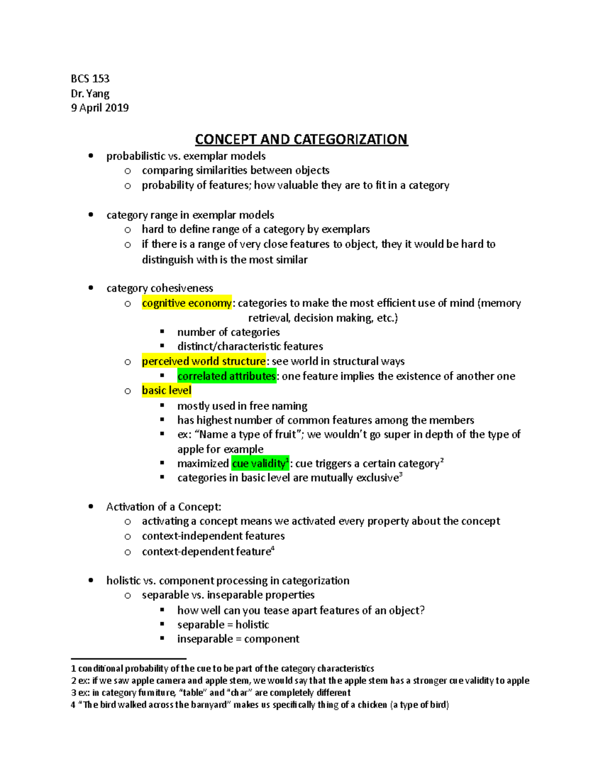Concept and Categorization - BCS 153 Dr. Yang 9 April 2019 CONCEPT AND ...