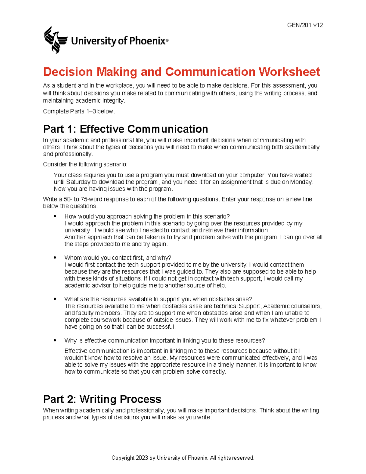 Gen201 v12 wk3 decision making and communication worksheet - GEN/201 v ...