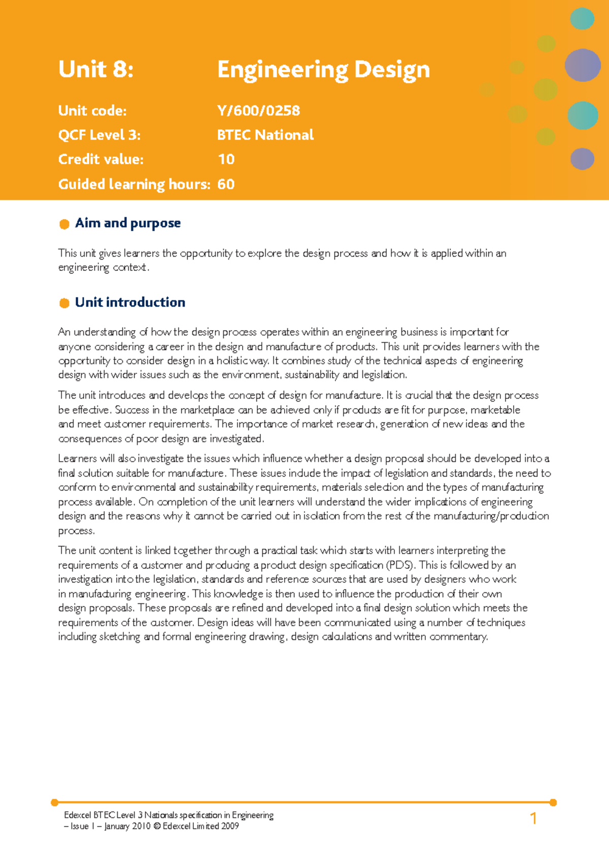 Unit 8 Engineering Design - Edexcel BTEC Level 3 Nationals specification in Engineering– Issue 1 ...