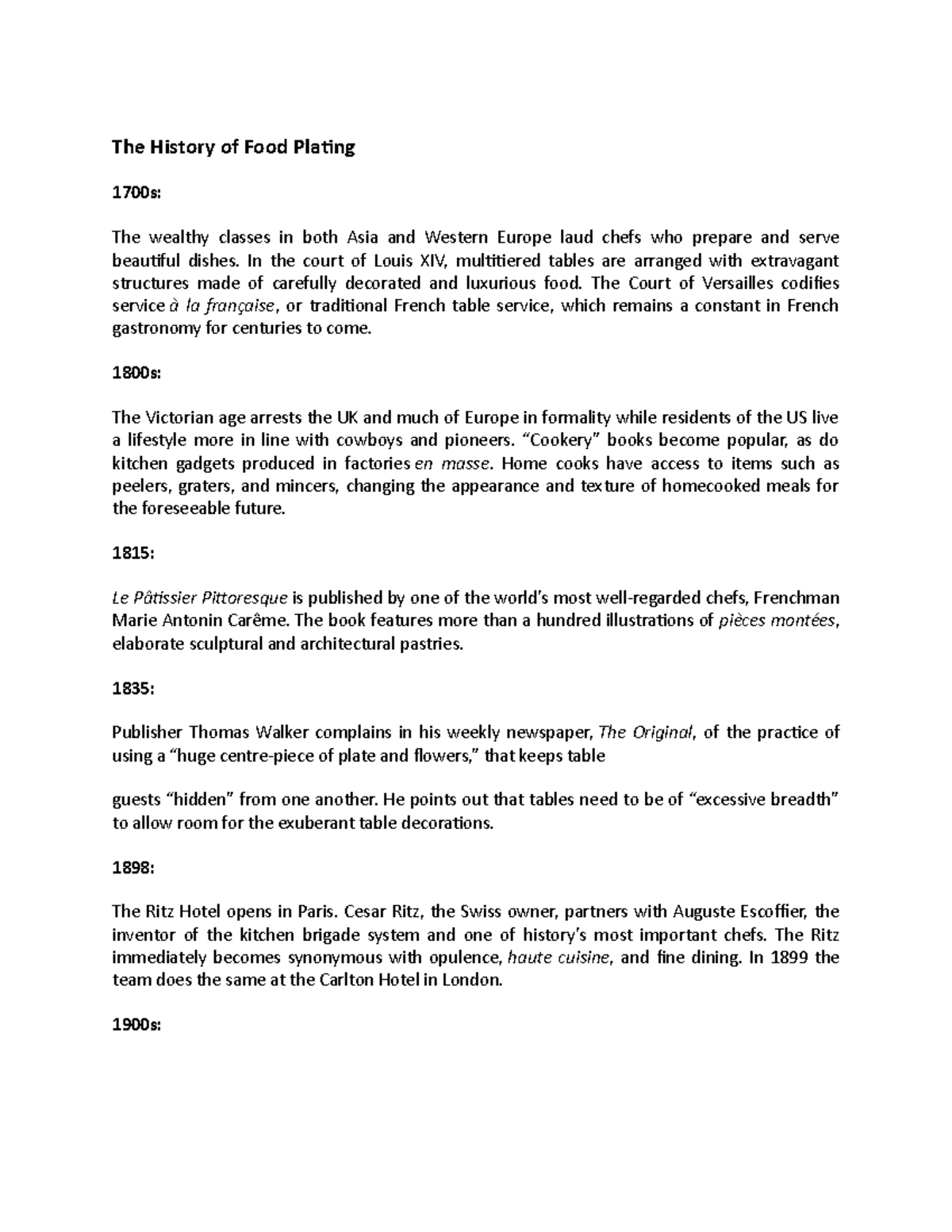 The History of Food Plating - The History of Food Plating 1700s: The ...