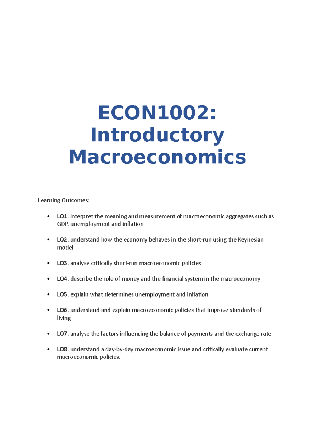 Econ1002 Lecture Notes Econ1002 Introductory Macroeconomics Learning