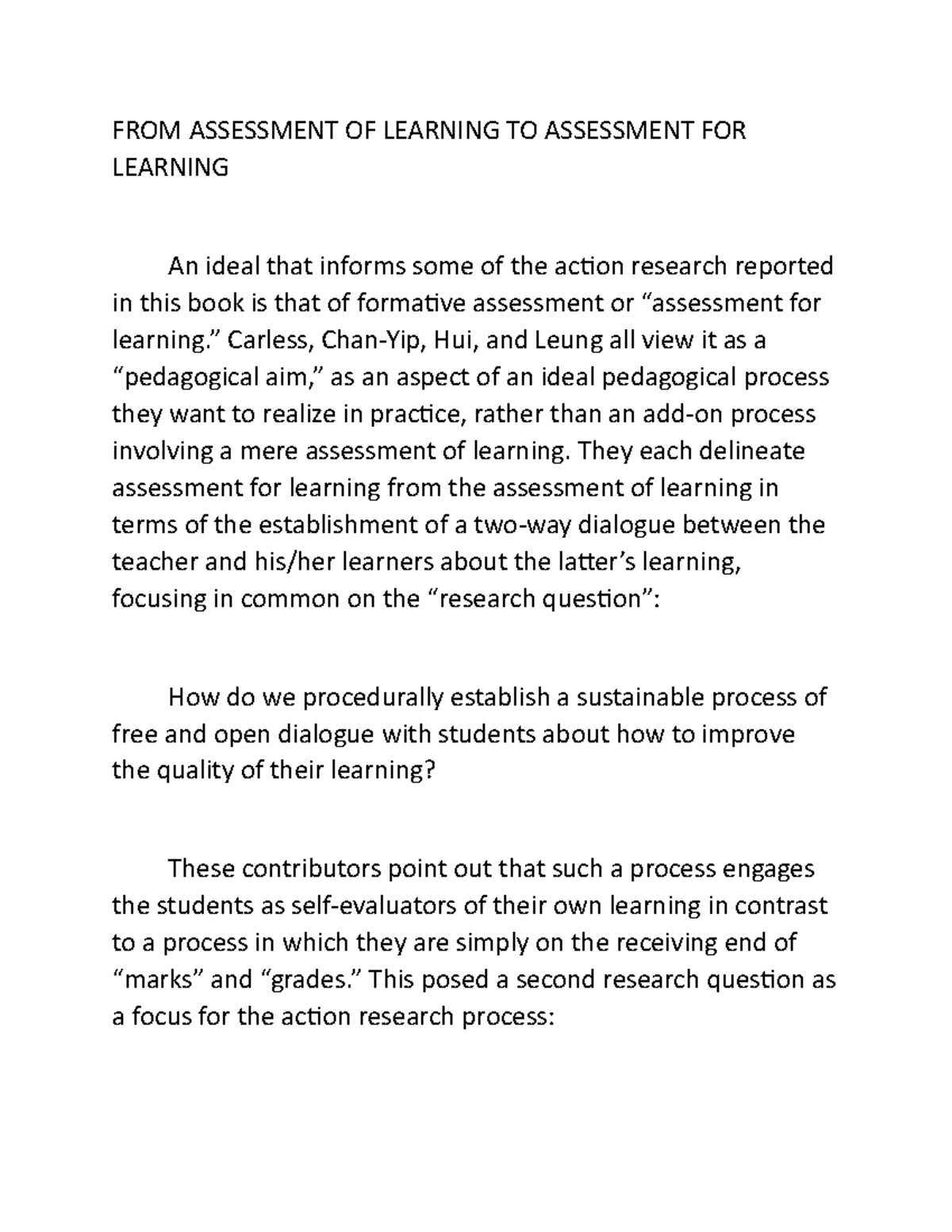 FROM Assessment OF Learning TO Assessment FOR Learning - FROM ...
