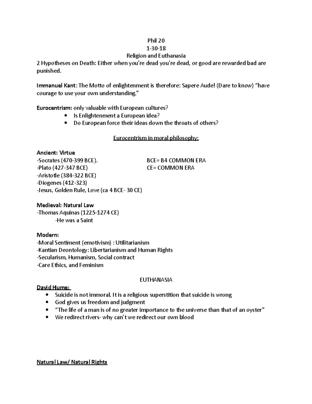 Phil 1-30-18 - lecture notes - Phil 20 1-30-18 Religion and Euthanasia ...