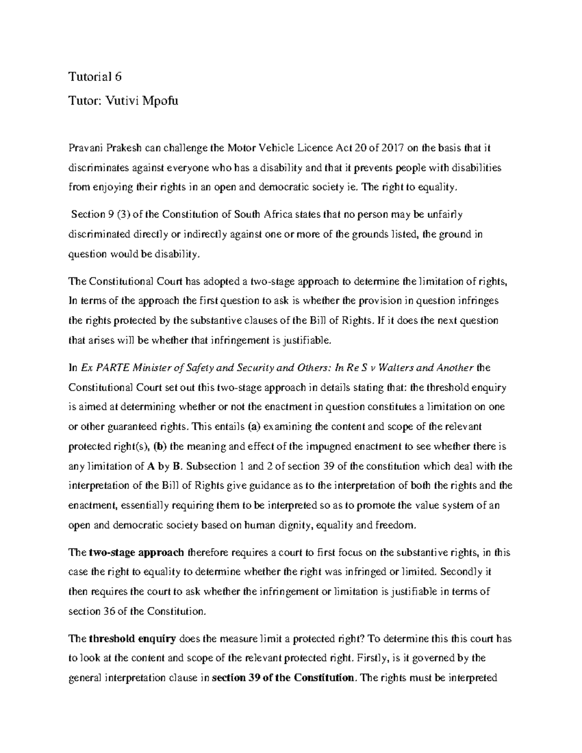 Tutorial 6 memo pdf - Tutorial 6 Tutor: Vutivi Mpofu Pravani Prakesh can challenge the Motor ...