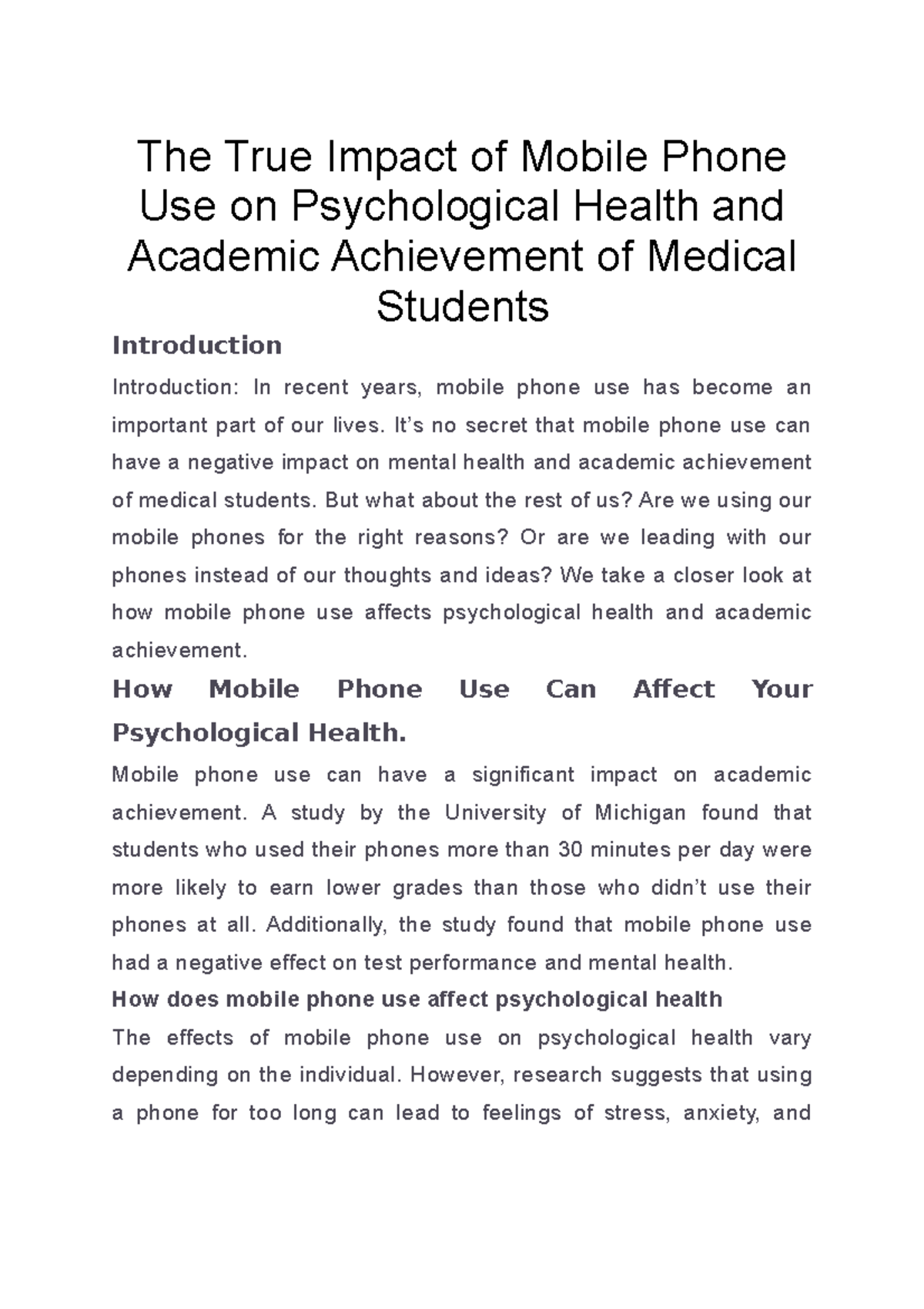 The True Impact of Mobile Phone Use on Psychological Health and ...