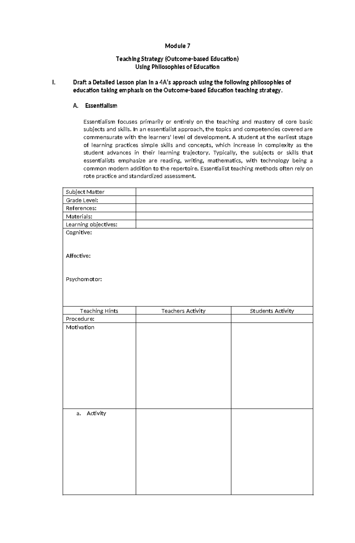 Fs-Module-7 - Module 7 Teaching Strategy (Outcome-based Education ...