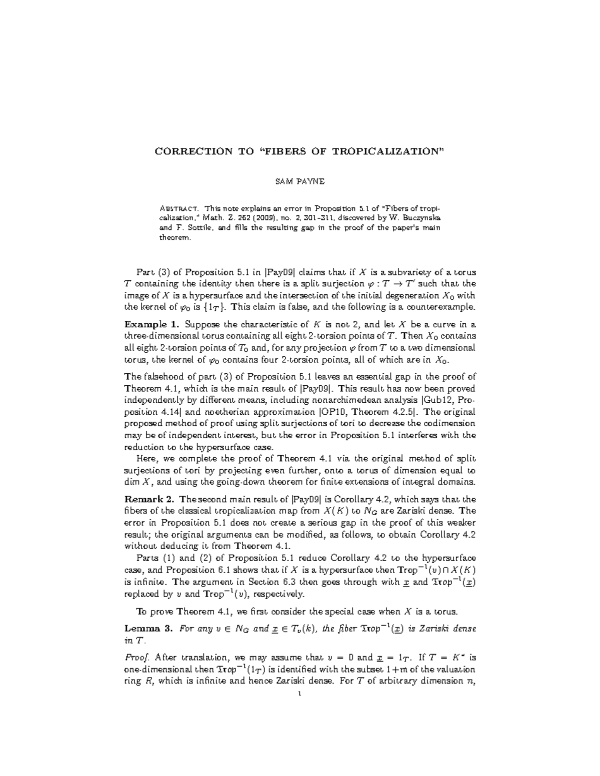Correction to “fibers of tropicalization”. - CORRECTION TO “FIBERS OF ...