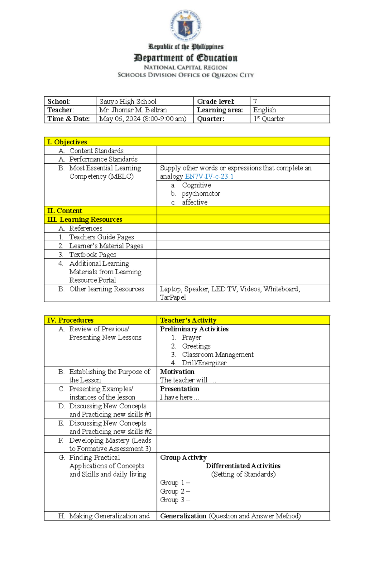 Detailed Lesson PLAN deped template - School: Sauyo High School Grade ...