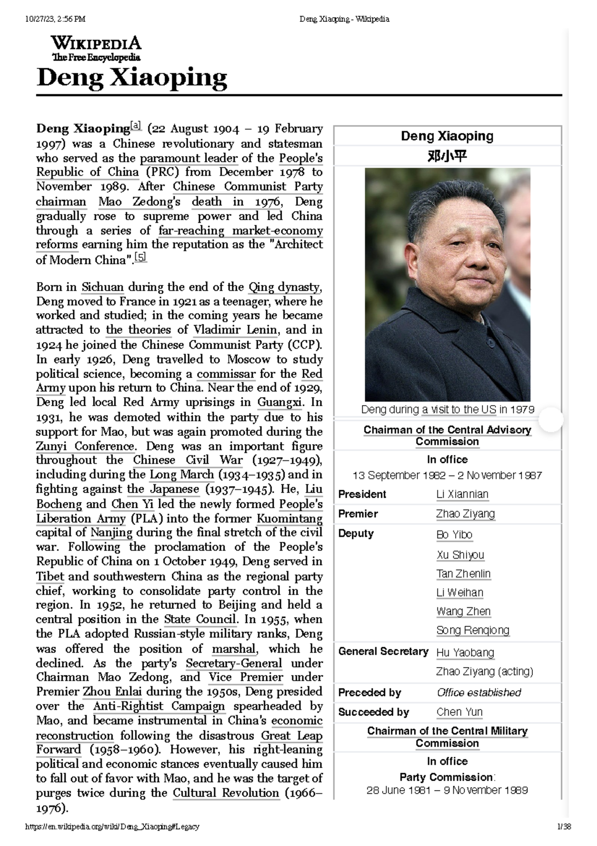 Deng Xiaoping - Wikipedia - Deng Xiaoping 邓小平 Deng during a visit to the US in 1979 Chairman of ...