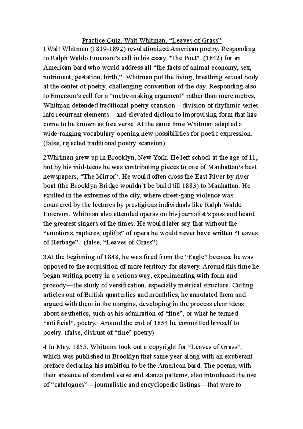 Practice Quiz Walt Whitman Leaves OF Grass Key 13 December 2016 ...