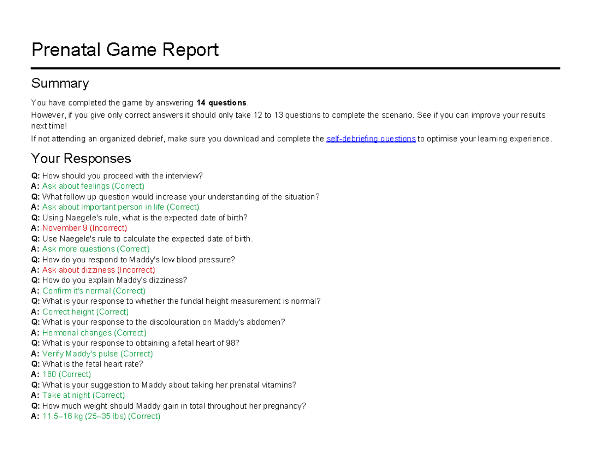 Game Based Learning - Prenatal Game Report Summary You have completed ...