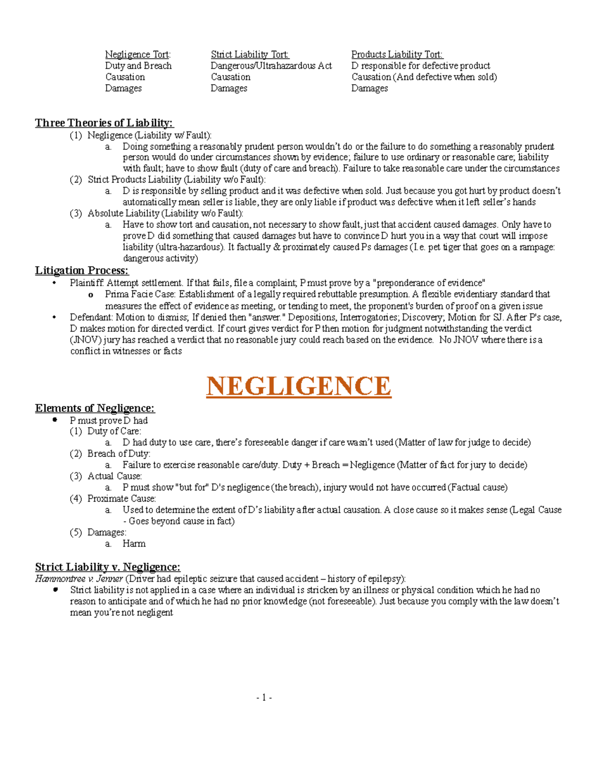 Tort Liability: Negligence Strict Liability and Products Liability ...