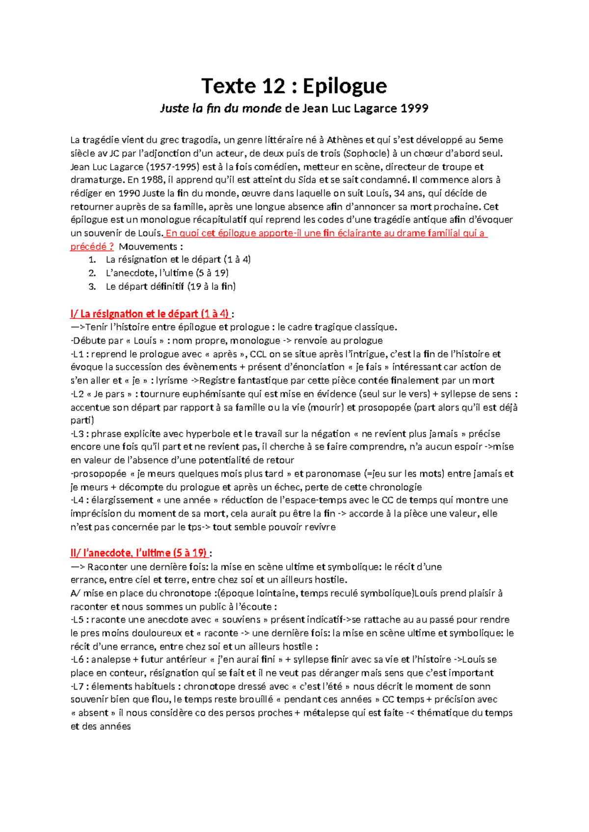 Epilogue - fiche bac épilogue jean luc lagarce - Texte 12 : Epilogue ...