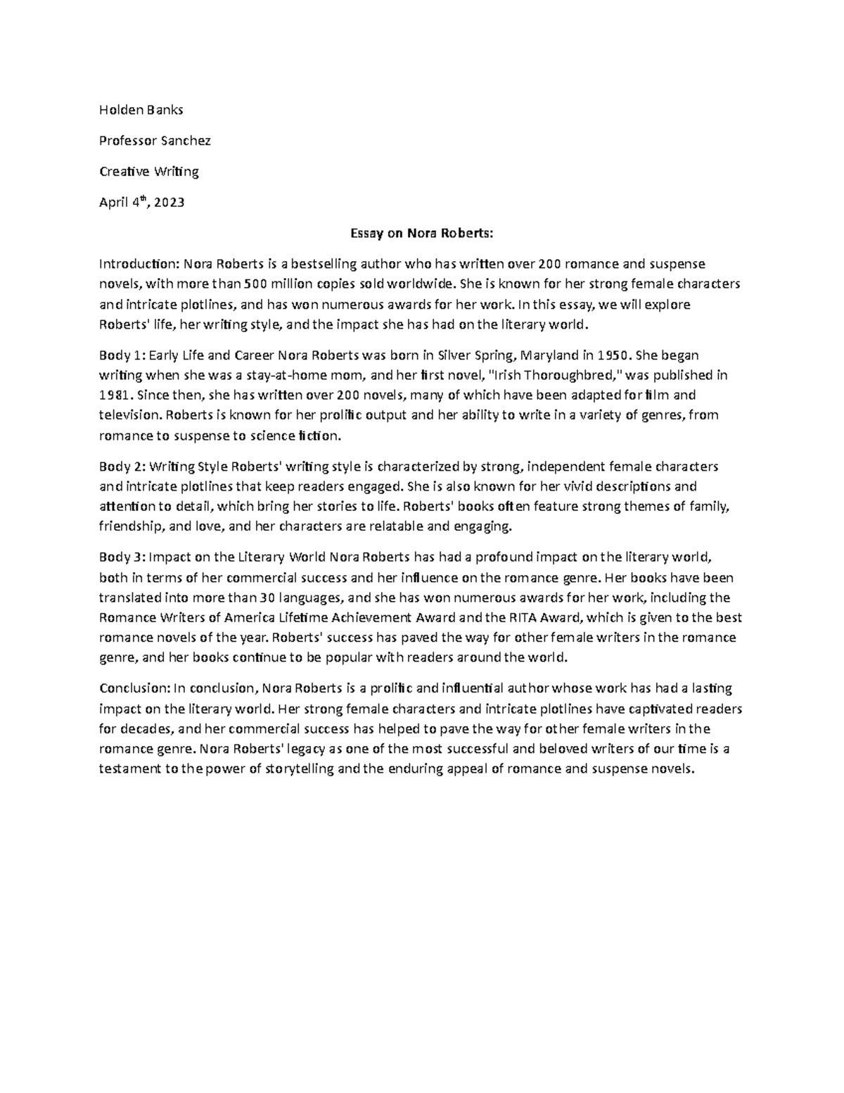 Essay on Nora Roberts - Holden Banks Professor Sanchez Creative Writing ...