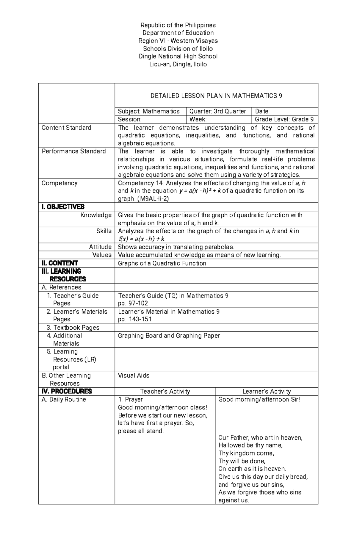 682057124 Detailed Lesson Plan in Lesson 2 Graphs of Quadratic Function ...