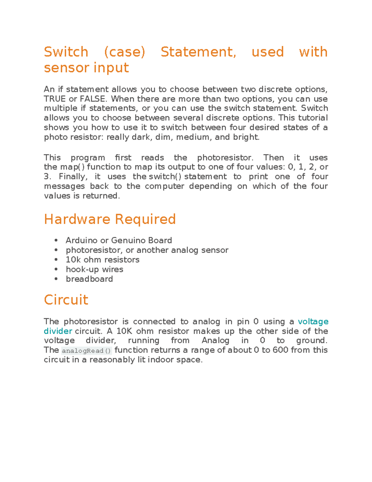 3 4 Photoresistor States of lights - Switch (case) Statement, used with ...