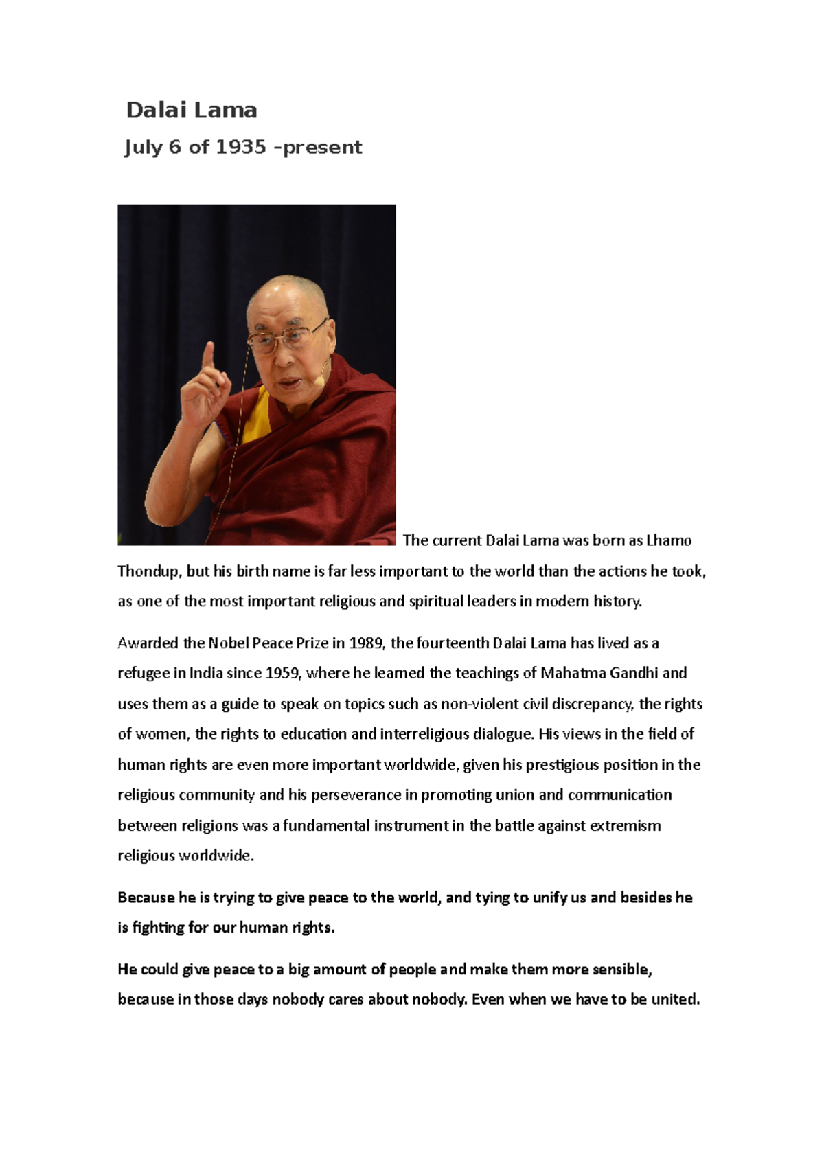 Dalai Lama - Apuntes 1 - Dalai Lama July 6 of 1935 The current Dalai ...