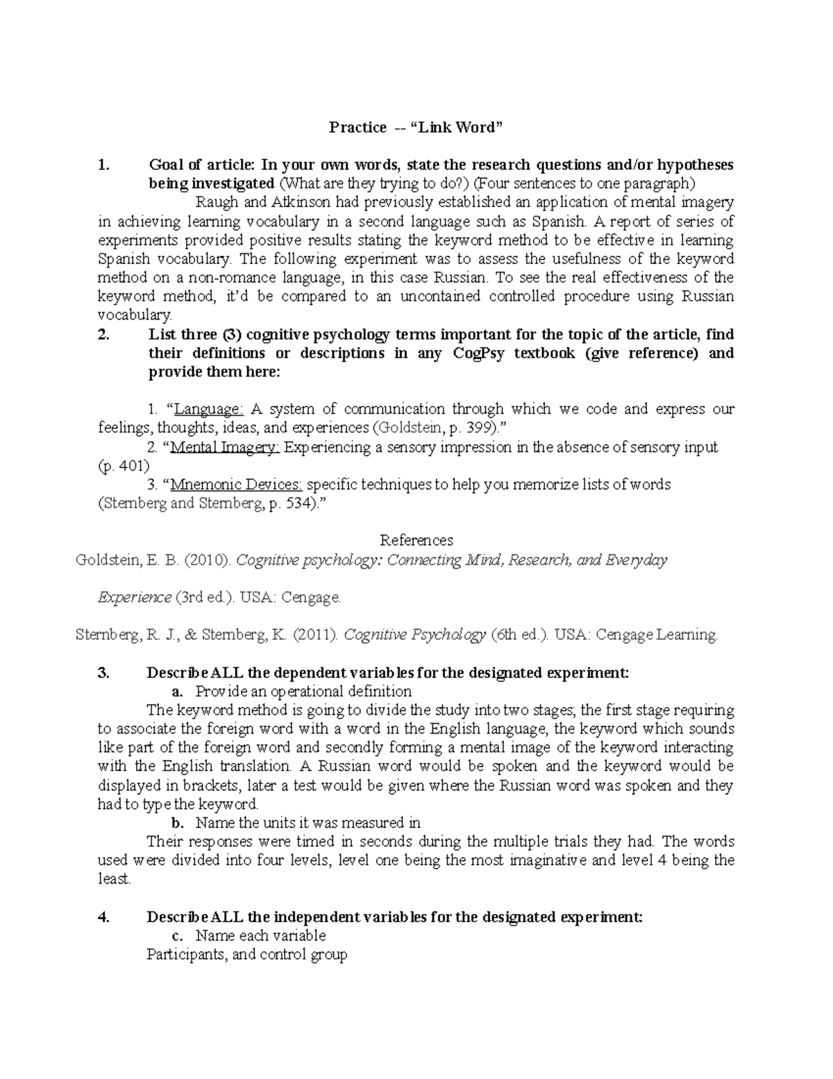 Psy 330 - link word assignment - Practice - “Link Word” Goal of article ...