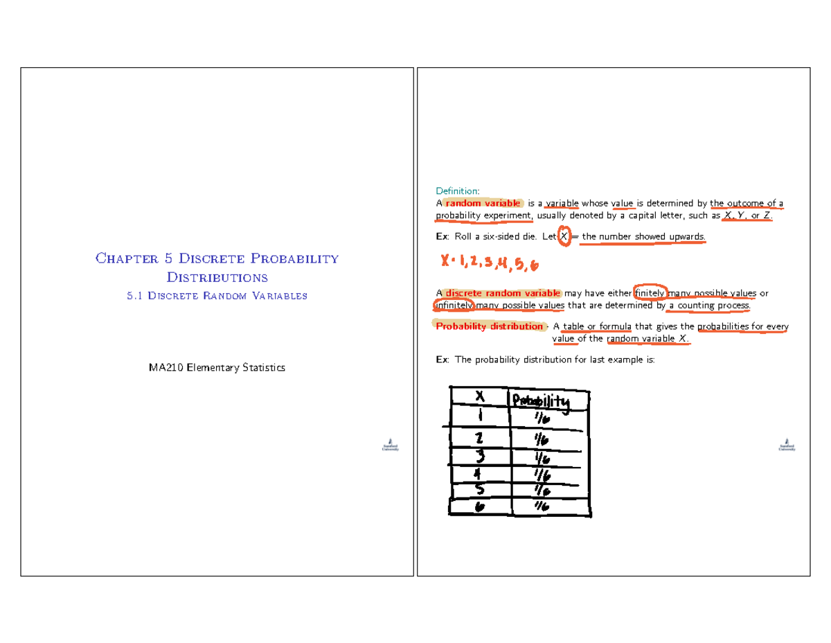 MATH 210 - 5.1 - Week 5 - Chapter 5 Discrete Probability Distributions 5 Discrete Random ...