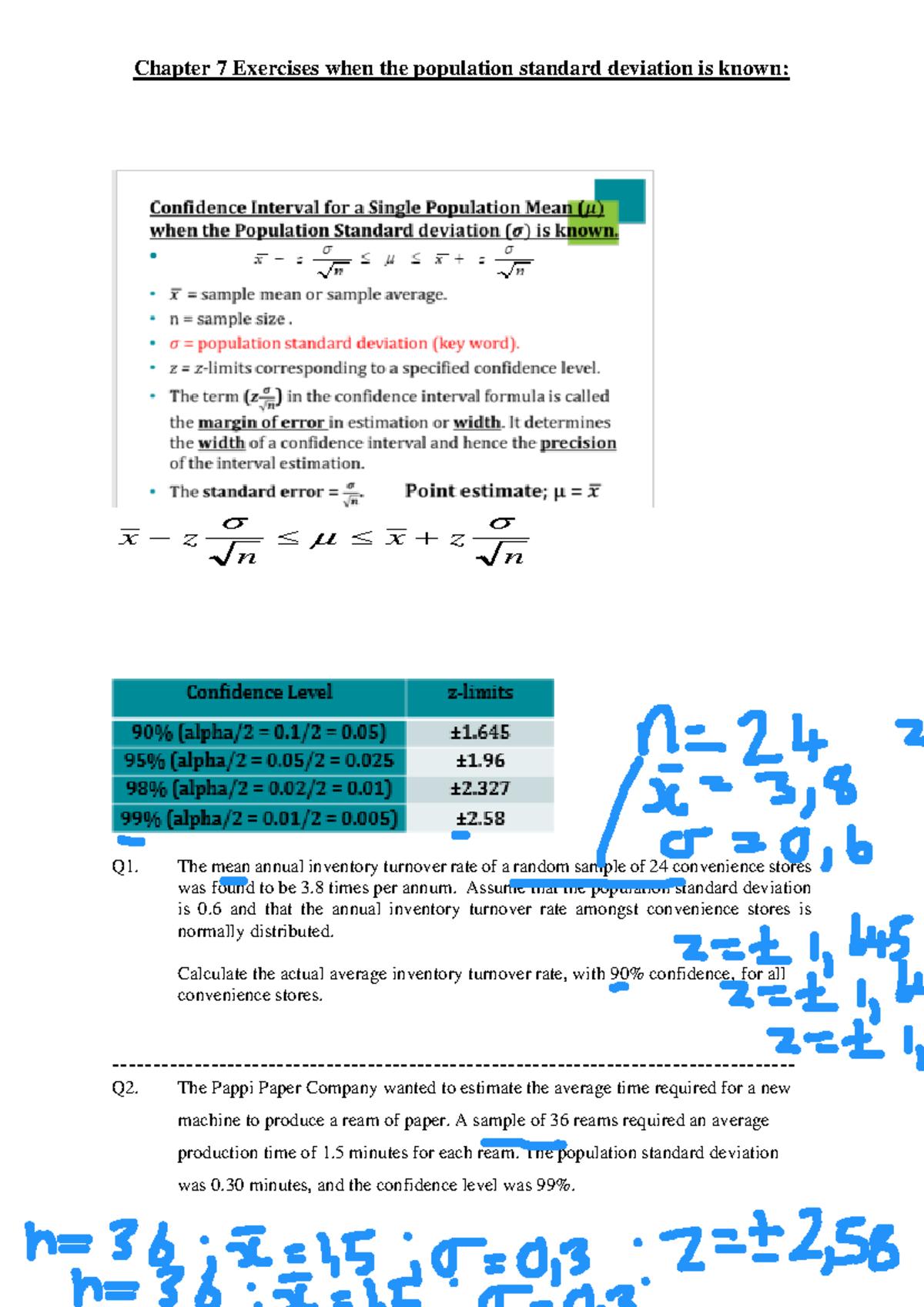 Chapter 7 - Homework Questions.pdf - 1 Chapter 7 Exercises when the population standard ...