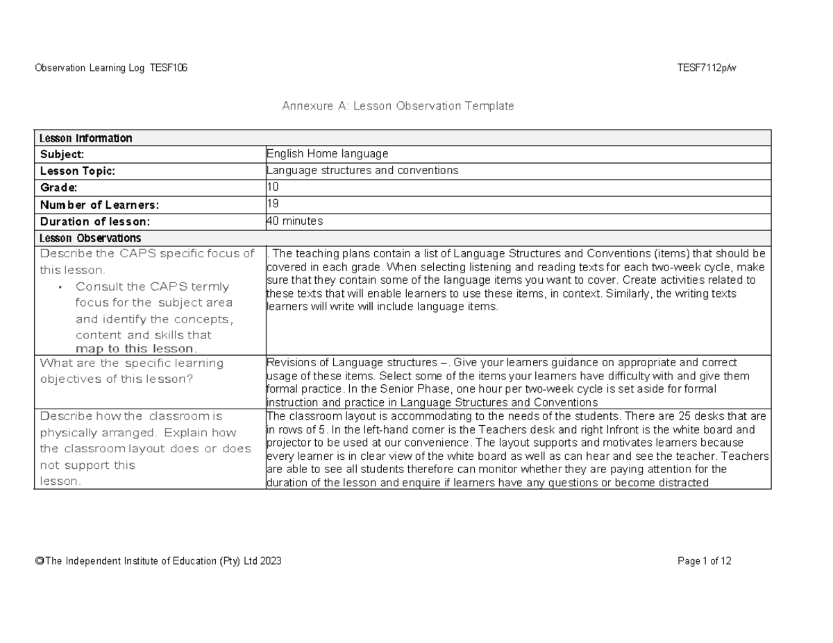 FET observation 1 - Portfolio of evidence - Annexure A: Lesson ...