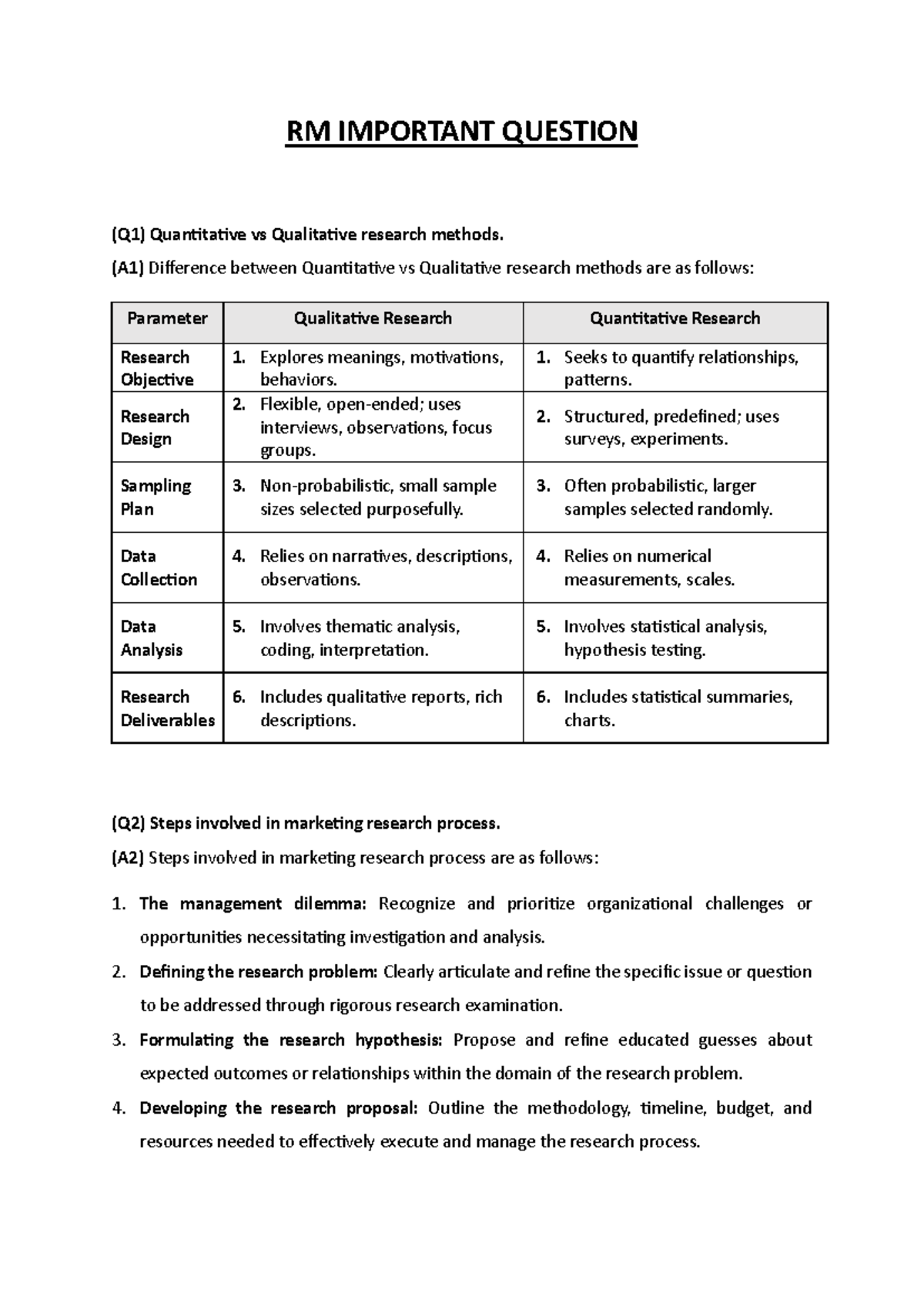 RM - IMP - Question answers for research methology - RM IMPORTANT QUESTION (Q1) Quantitative vs ...