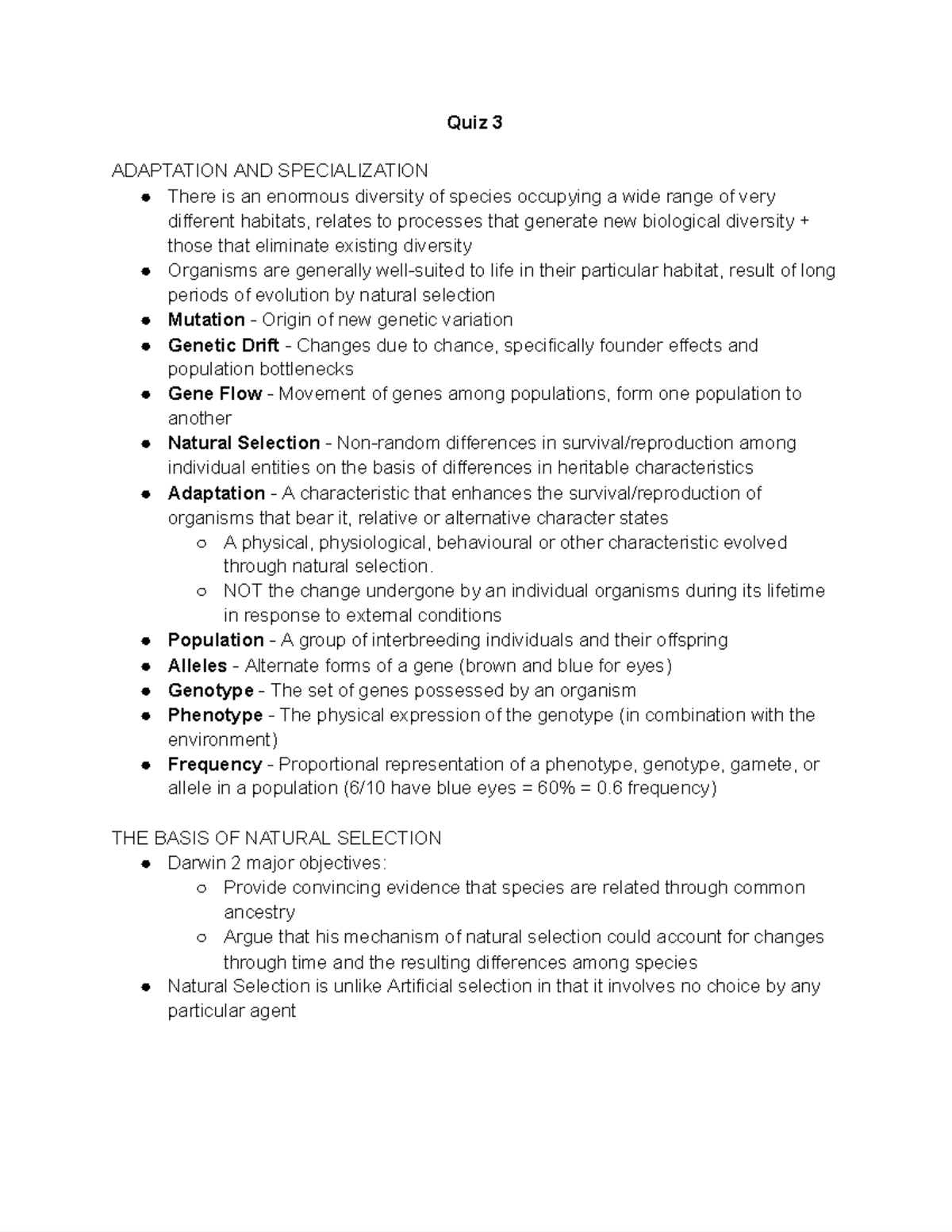 BIOL1070 Evolution Quiz 3 - Quiz 3 ADAPTATION AND SPECIALIZATION There ...