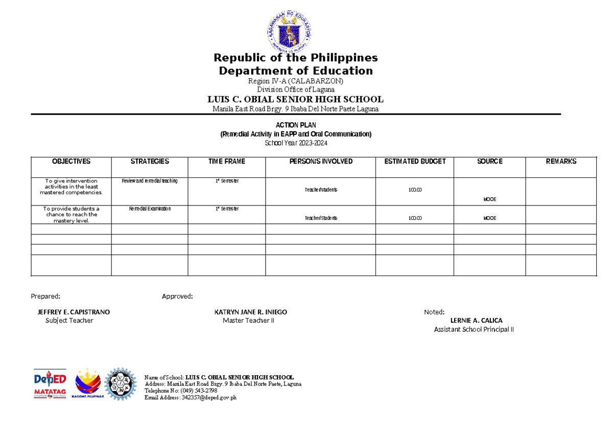 Action PLAN Remedial (EAPP) - Republic of the Philippines Department of ...