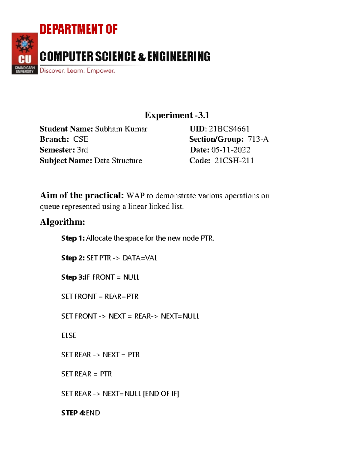 Subham DS 3 - DS WOrksheet for Sem-5 - COMPUTER SCIENCE & ENGINEERING Experiment -3. Student ...