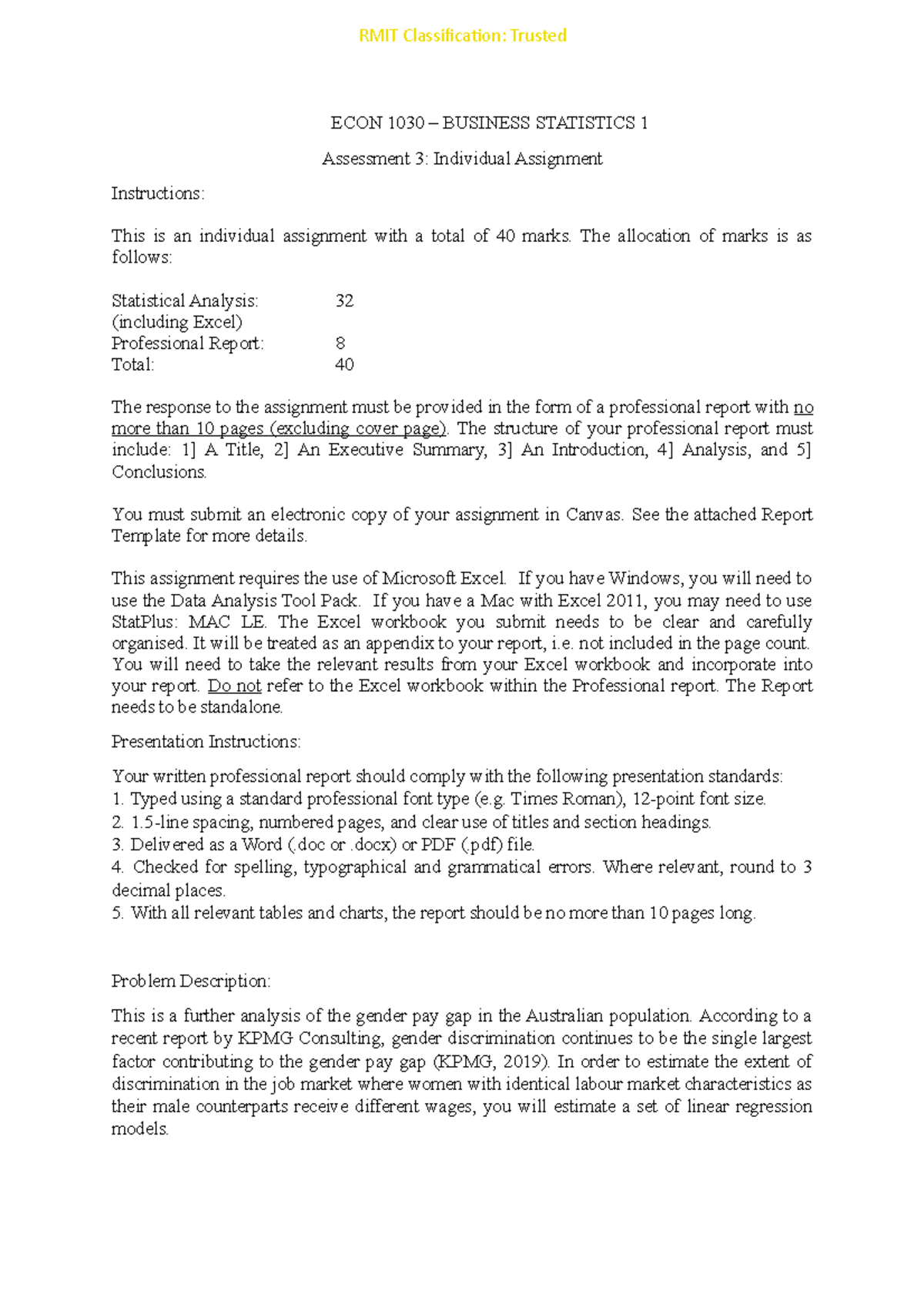 Business Statistics Assigment 3 - ECON 1030 – BUSINESS STATISTICS 1 ...