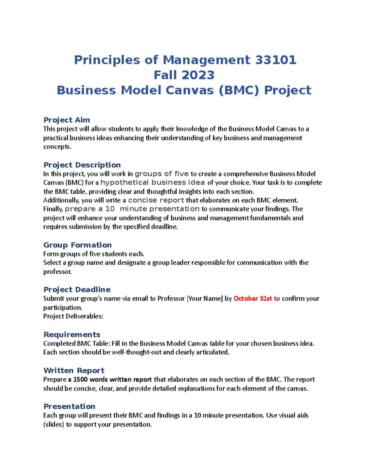 Project Instructions - Principles of Management 33101 Fall 2023 ...