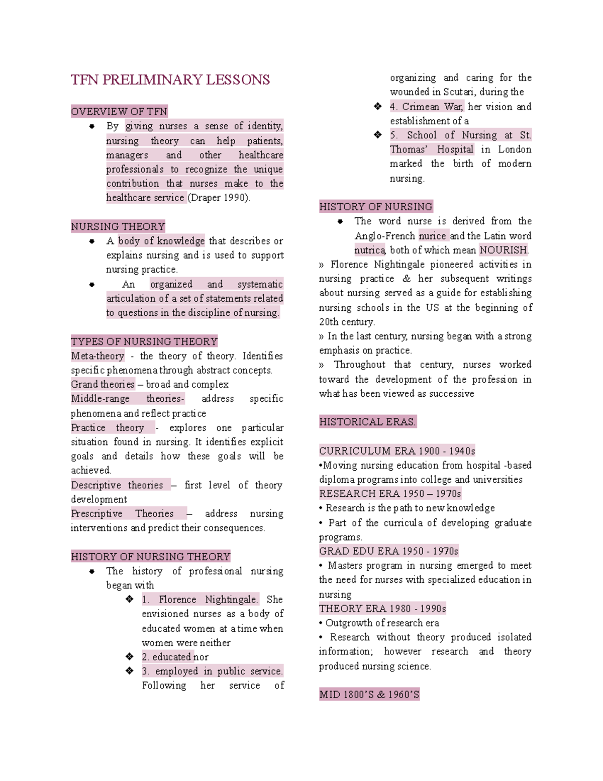 TFN Reviewer - TFN PRELIMINARY LESSONS OVERVIEW OF TFN By giving nurses a sense of identity ...