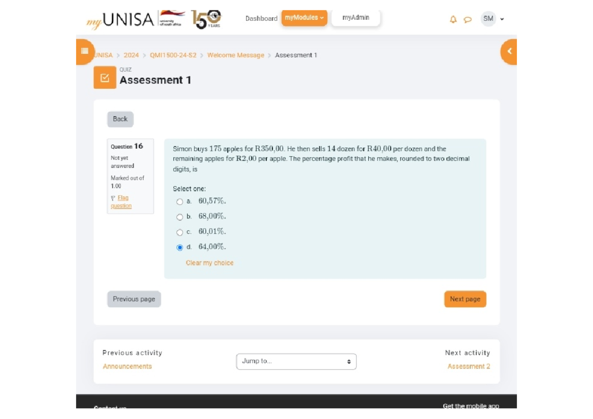 Qmi1500 assignment 1 - Questions and answers - my UNISA 15 Dashboard myModules myAdmin SM ...
