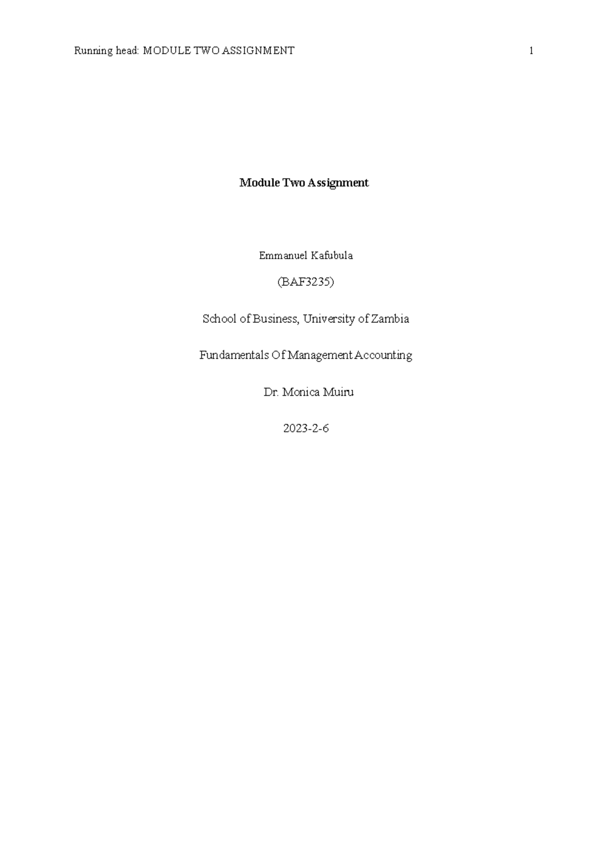 Management Accounting Layout - Running head: MODULE TWO ASSIGNMENT 1 Module Two Assignment ...