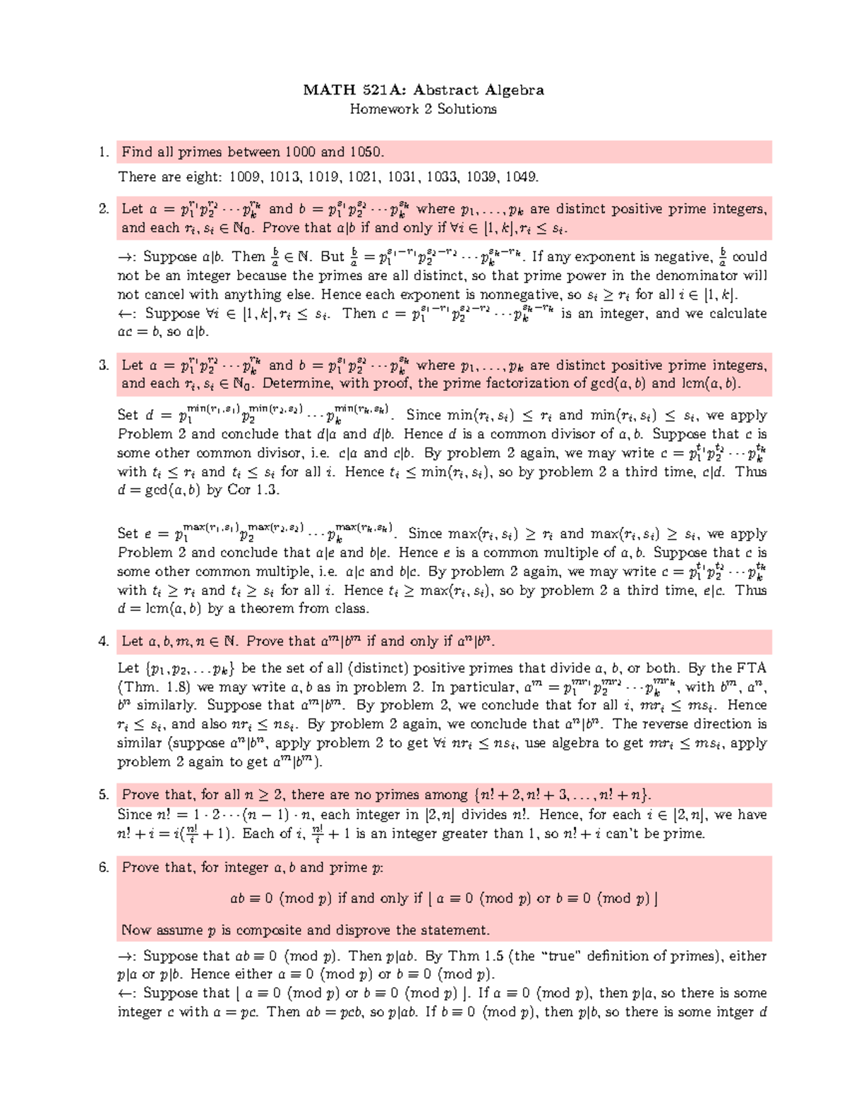 Prime Factorization Problem - MATH 521A: Abstract Algebra Homework 2 Solutions Find all primes ...