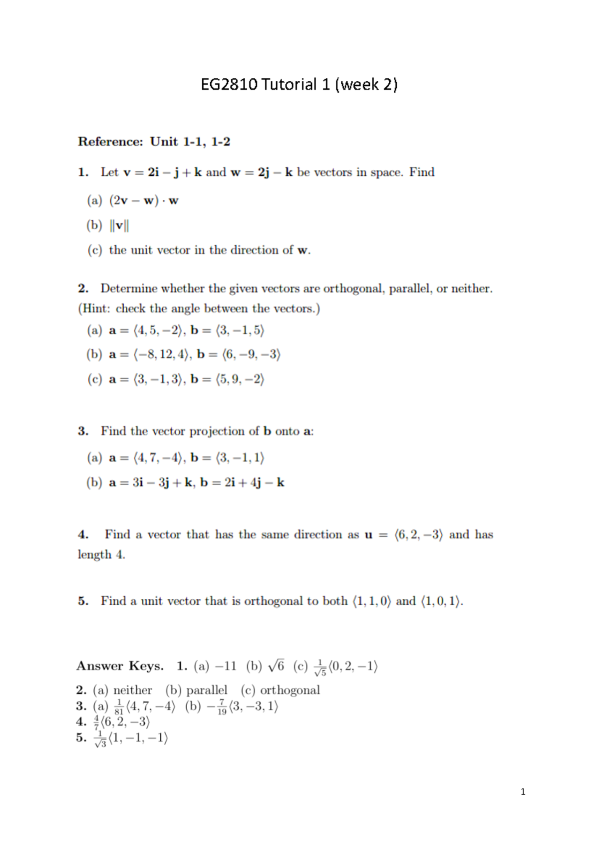 MH2810 TUT 1 - WEEK 2 - 1 EG2810 Tutorial 1 (week 2) Y