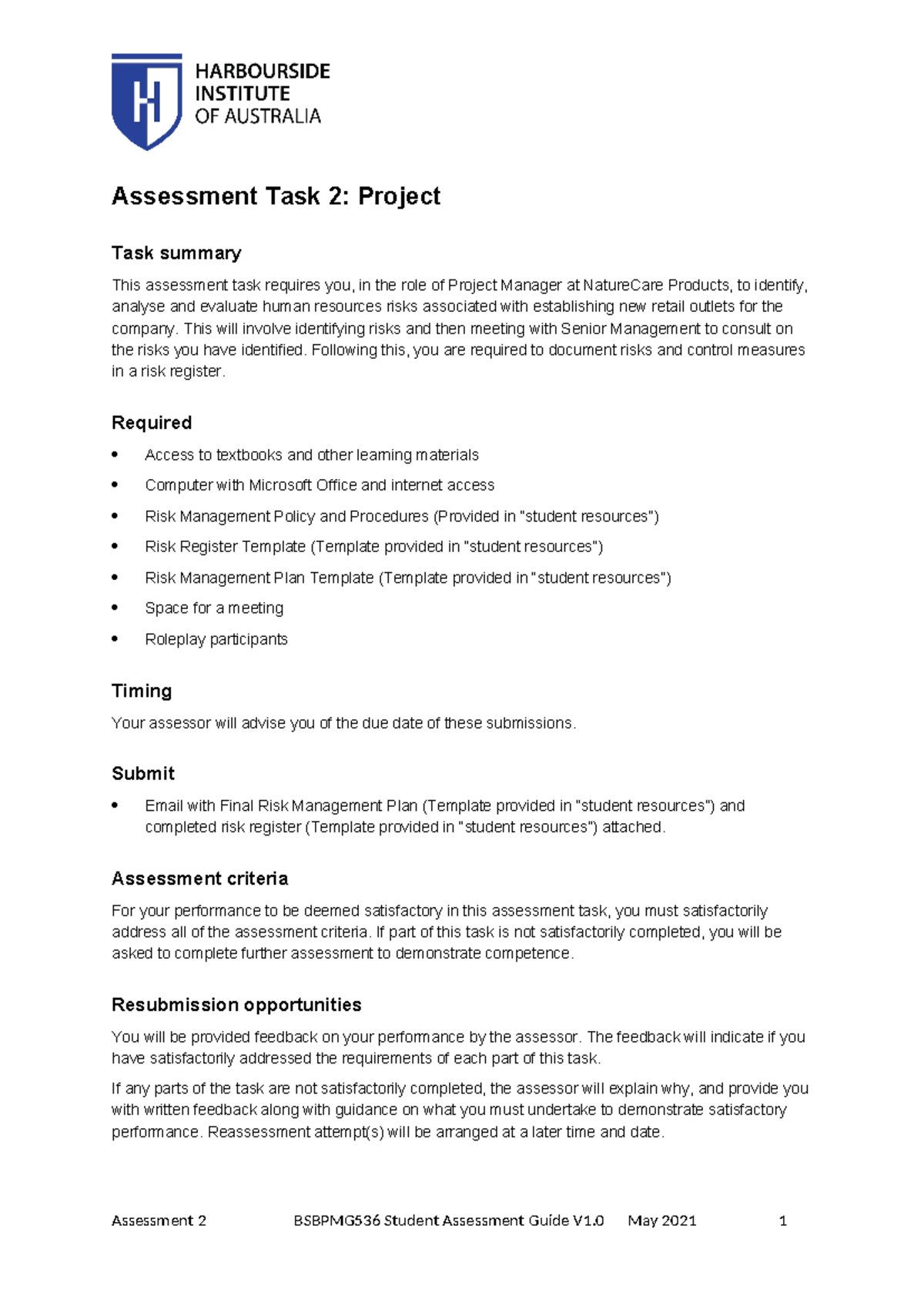 Bsbpmg 536 Assessment Task 2 v1 - Assessment Task 2: Project Task summary This assessment task ...