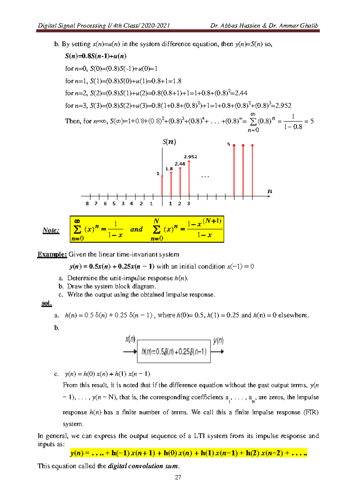 Digital Signal Processing I-8 PDF - b. By setting x(n)=u(n) in the ...