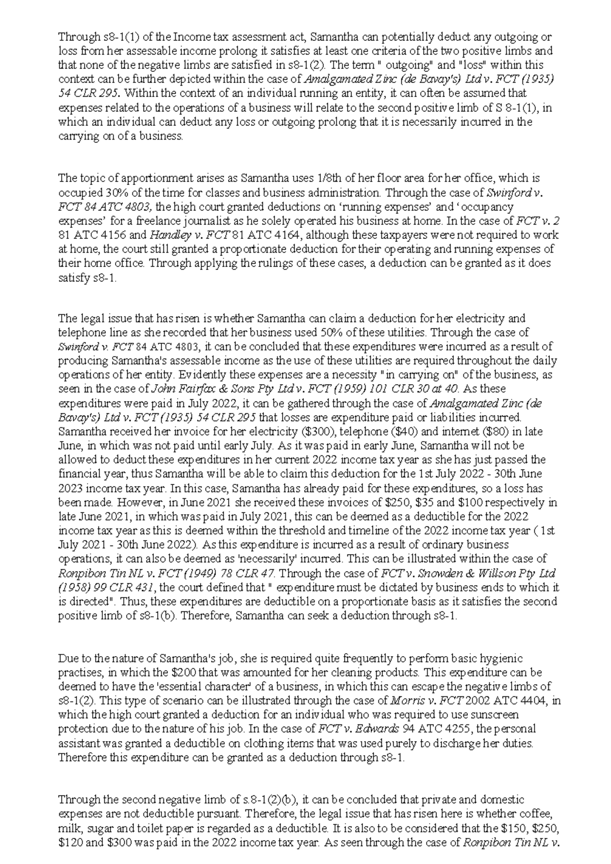 ACCT 3002 Assignment Part 2 - Through s8-1(1) of the Income tax ...