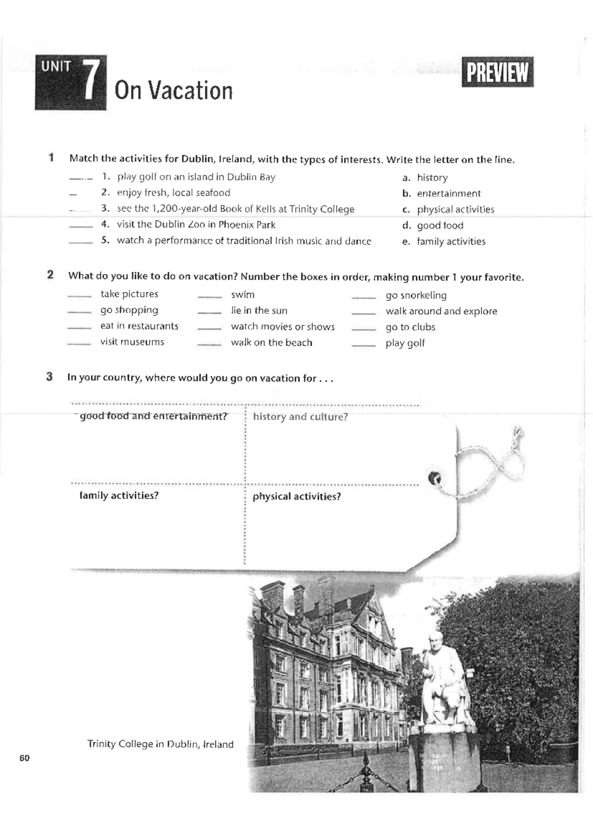Preview- Lesson 1 - UNIT 7 PREVIEW On Vacation 1 Match the activities ...