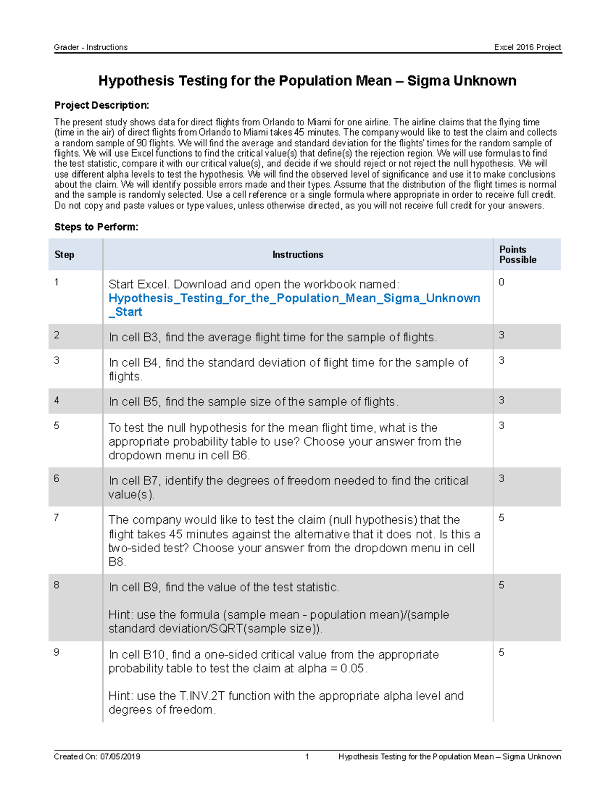 Hypothesis Testing for the Population Mean - Sigma Unknown Instructions ...