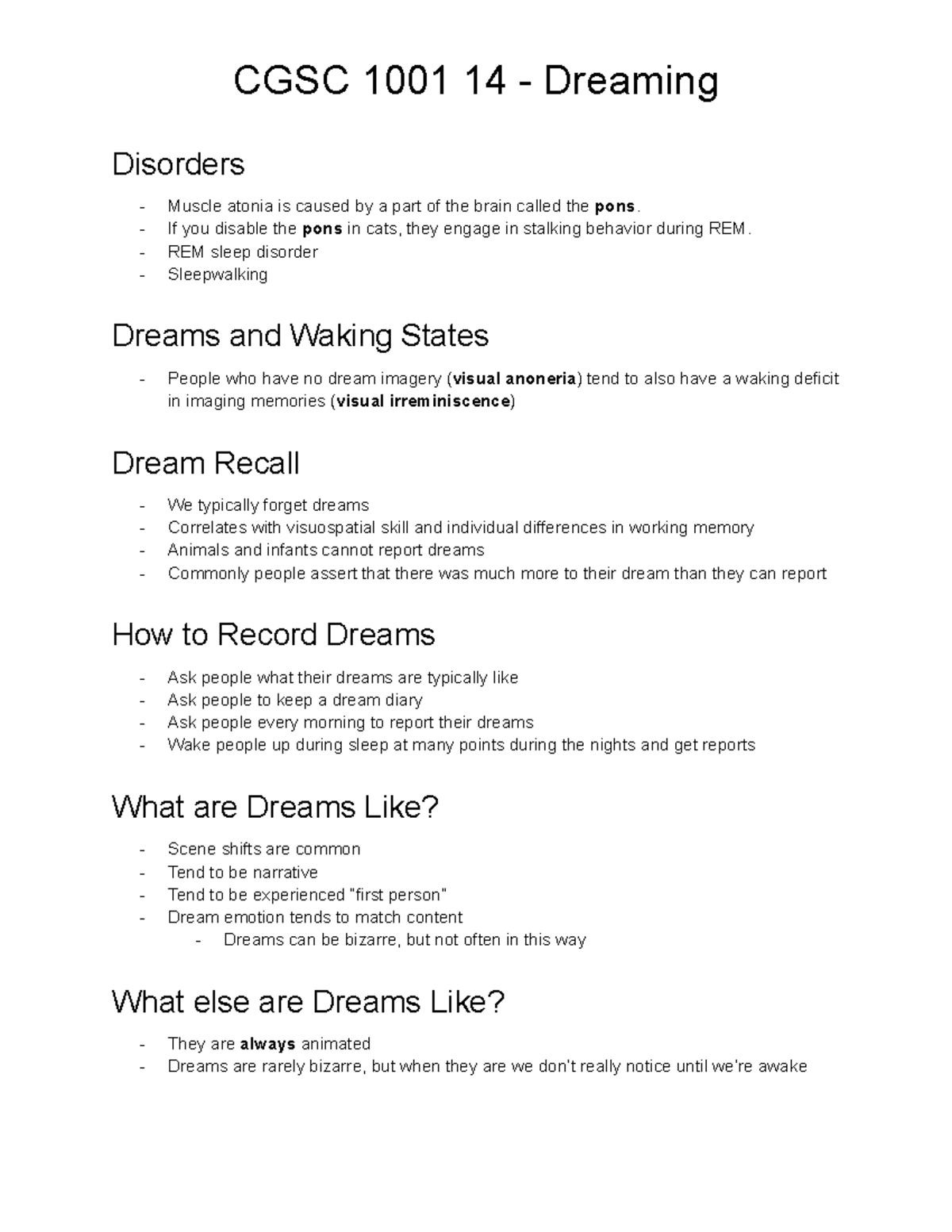 CGSC1001 14 - Dreaming Cheatsheet - Disorders Muscle atonia is caused ...