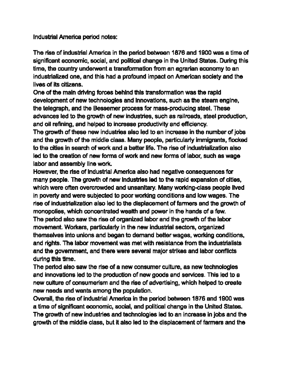 Industrial America period notes - HST 122 - Studocu